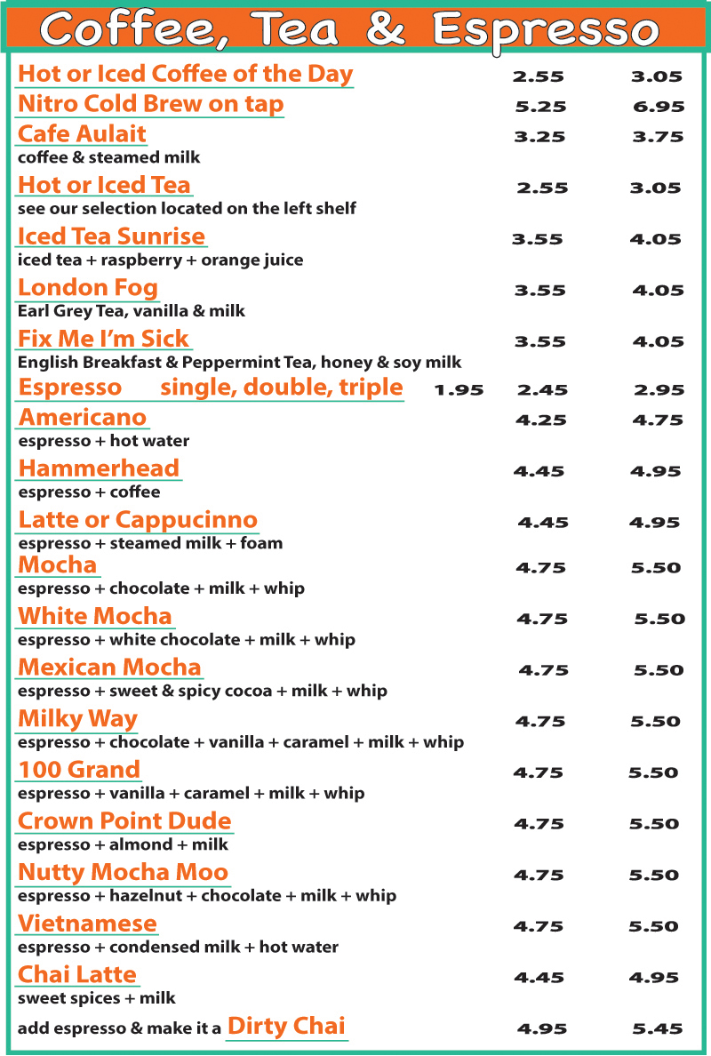 Menu - Crown Point Coffee